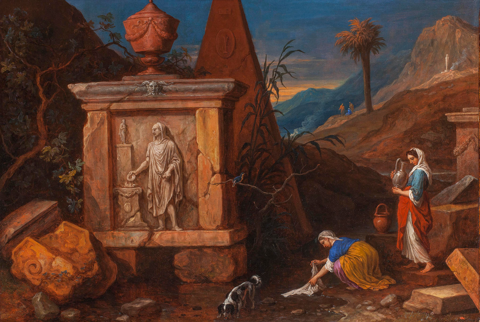 Two Women fetching Water with a Dog by an Antique Sarcophagus, an ...