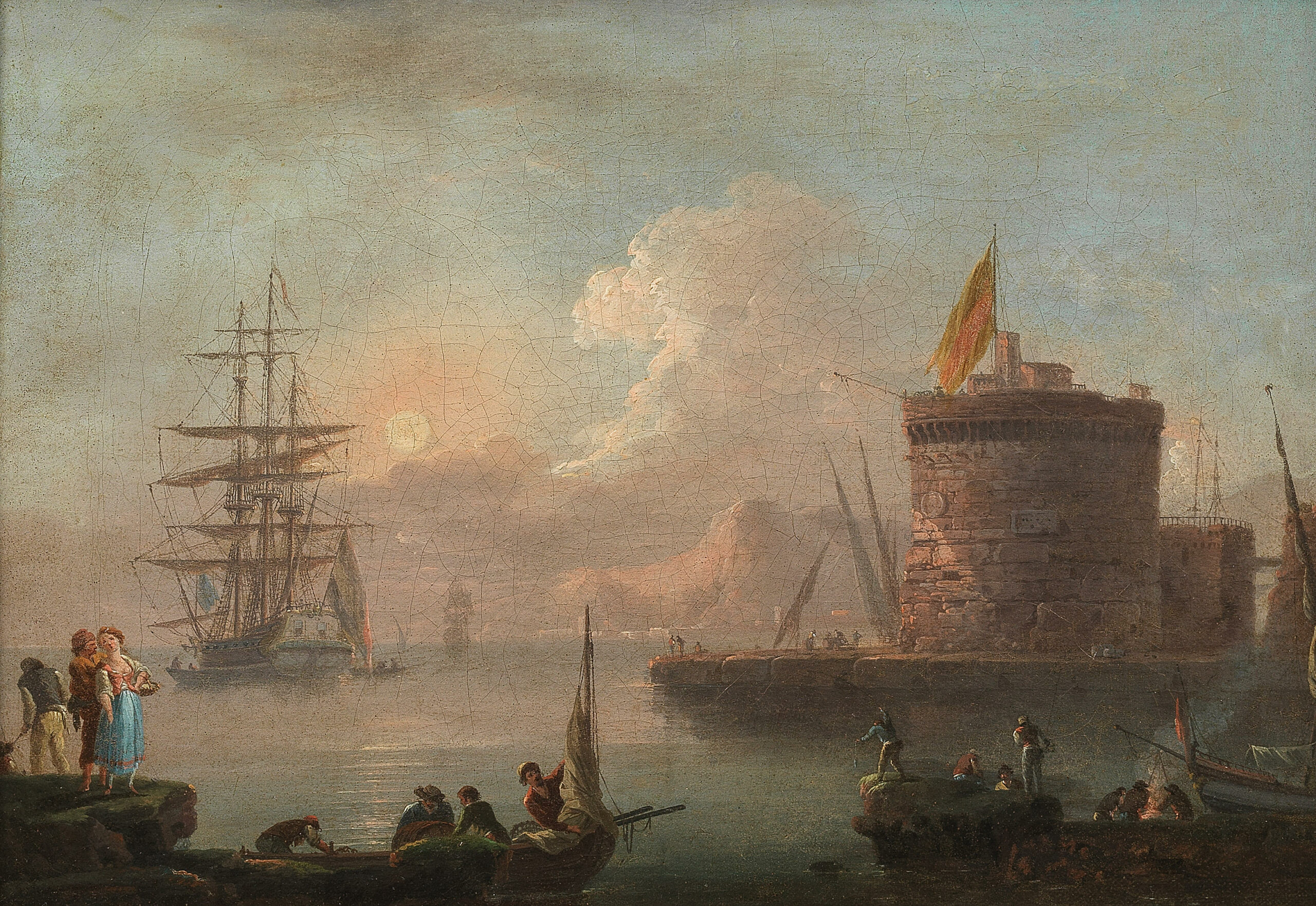 A Mediterranean Harbour scene with a Tower and Fishermen in their Boats ...
