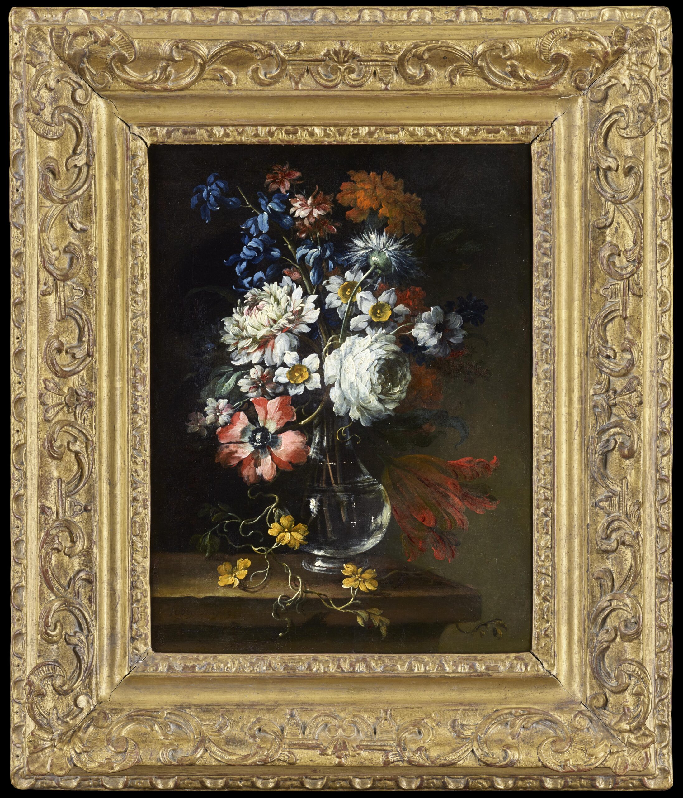 A Still Life of Flowers in a Glass Vase on a Stone Ledge - Rafael ...