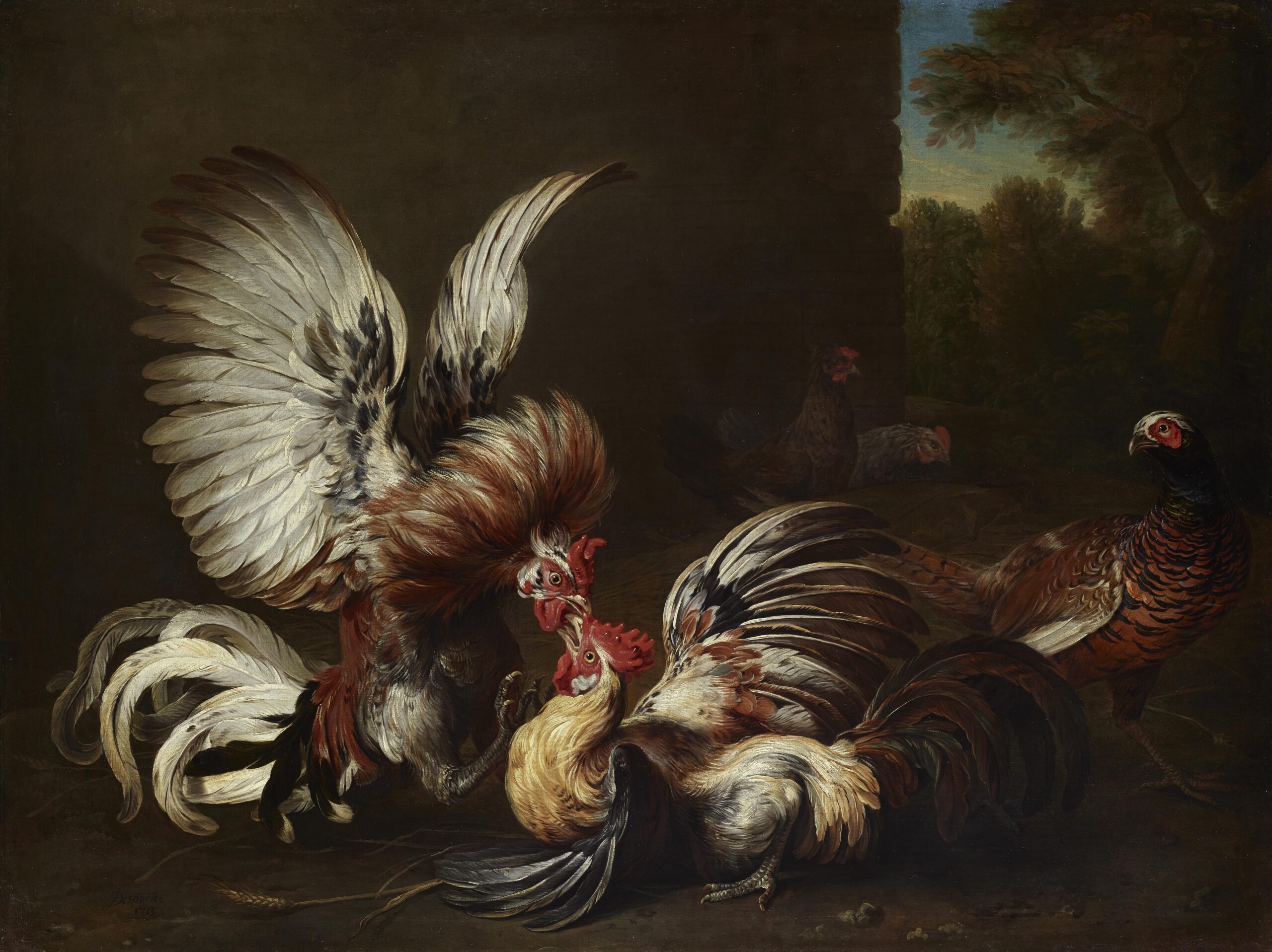 Two Cocks fighting in a Farmyard, a Pheasant and two Hens nearby ...